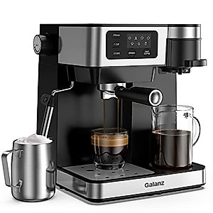 Galanz 2-in-1 Pump Espresso Machine & Single Serve Coffee Maker with Milk Frother, Latte, & Cappuccino Machine, 1.2L Removable Water Tank, LED Display Touch Control, Black with Stainless Steel Trim