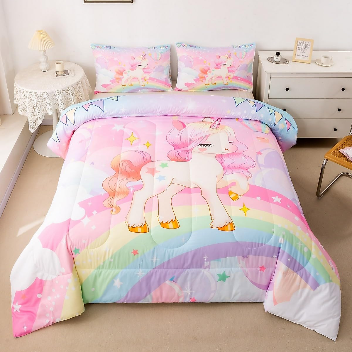 Feelyou Unicorn Girls Bedding Set Twin Rainbow Kids Pink Unicorn Comforter Set Kawaii Cute Reversible Stars Quilt Comforter Teens Children Adults Cartoon Unicorn Room Decor All Season