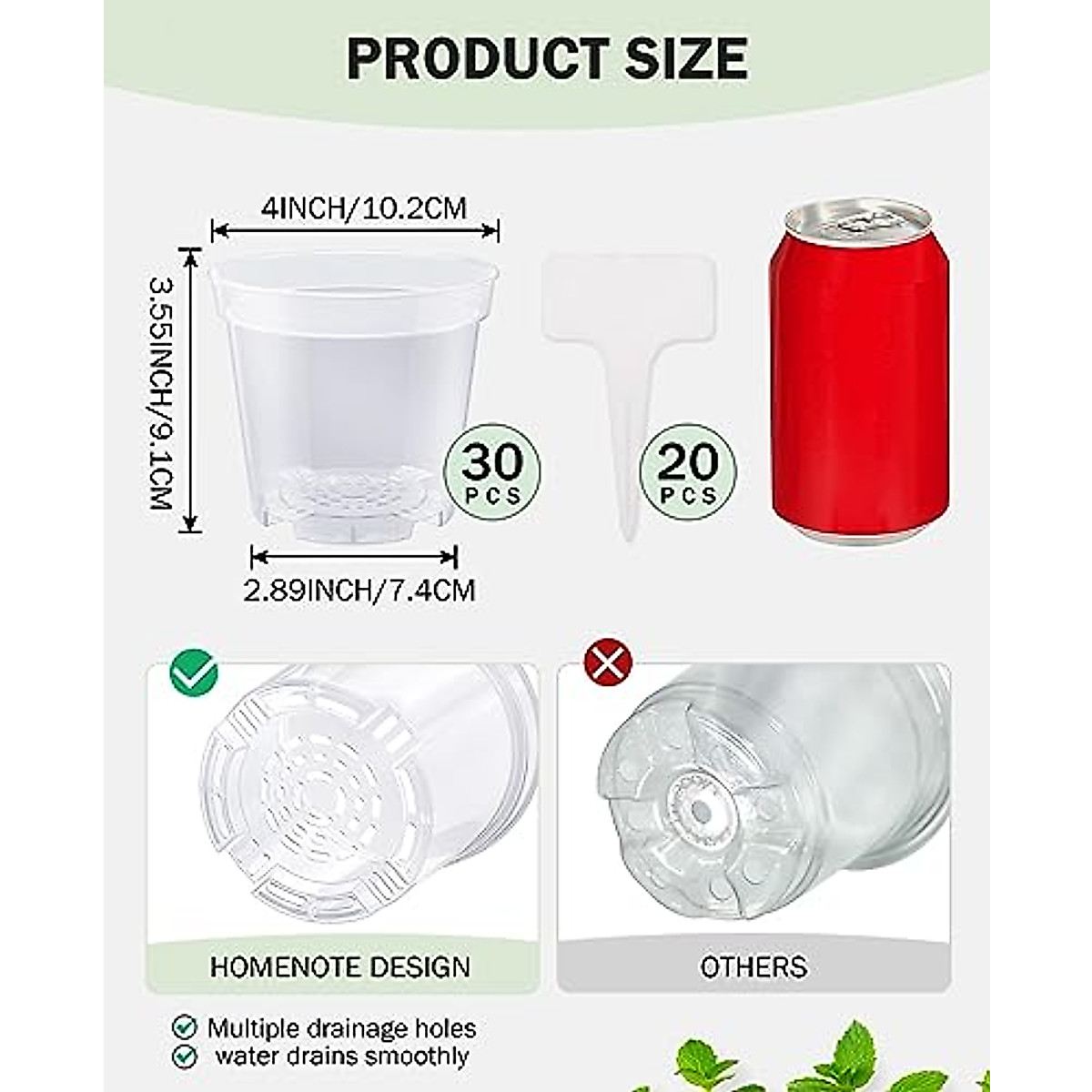 homenote Clear Nursery Pots for Plants,4 Inch Seedling Pots with Drainage Holes Plant Pot for Planting Flower Indoor Seed Starter Pots Outdoor High Transparency with Bonus 20 Plant Labels (30 Packs)