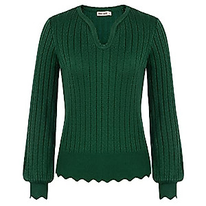 Women's V Neck Long Sleeve Pullover Sweater Lightweight Knit Novelty Sweaters Green L