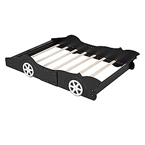 P PURLVE Race Car-Shaped Platform Bed Full with Wheels, Platform Bed Frame with Rails, Wooden Platform Bed for Boy, Girls and Young Teens, No Box Spring Needed (Black)