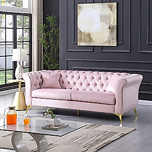 TURRIDU 3 Seater Sofa with 2 Pillows, 87" Wide Upholstered Velvet Couch with Curved Arms, Gold Metal Legs, Button Tufted Chesterfield Sofa for Living Room Bedroom Office, Hold up to 1000 Pound, Pink