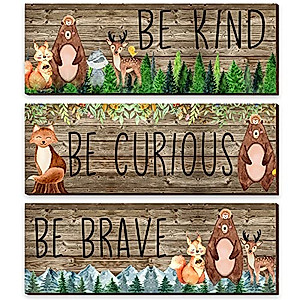 3 Pcs Woodland Nursery Decor Safari Nursery Woodland Animals Themed Painting Wooden Be Kind Brave Curious Sign Framed Wall Art Forest Nursery Decor Inspirational Pictures for Baby Bedroom, 11 x 4 Inch