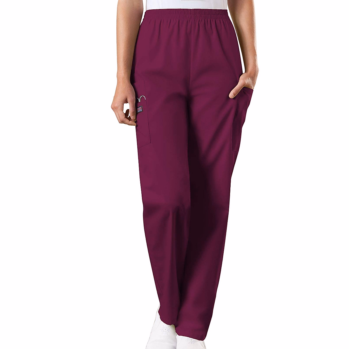 CHEROKEE Women's Workwear Elastic Waist Cargo Scrubs Pant, Wine, X-Large