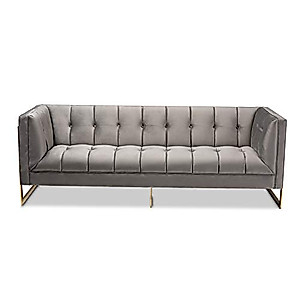 Baxton Studio Ambra Glam and Luxe Grey Velvet Fabric Upholstered and Button Tufted Sofa with Gold-Tone Frame