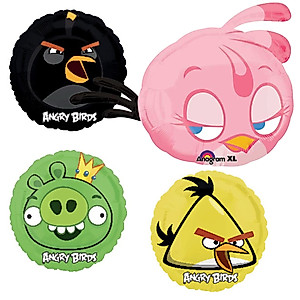 Angry Birds Party Balloons - Set Of 4 Balloon Decorations Featuring The Pink Black Yellow And Green King Pig Bird Globos For A Birthday Bouquet Centerpiece