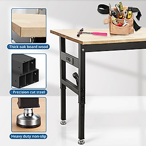Work Bench, 48" Adjustable Height Work Table, Heavy Duty Oak Wood Workbench, Garage Work Bench Table, 2000 LBS Load Garage Workbench with Power Outlet for Garage/Kitchen/Home/Office
