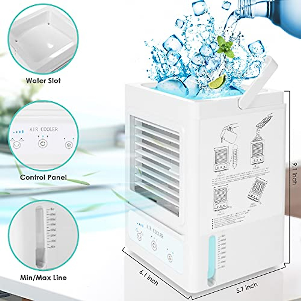 Air Conditioner Portable for Room, Evaporative Compac Air Cooler with 3 Cooling Levels, 3 Wind Speeds, 700ml Water Tank For Home,Office