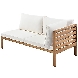 Outdoor Eucalyptus Wood 4 Piece Sectional Sofa Set with Coffee Table and Removable Cushion, Patio Sectional Seating Group L Shape Corner Sofa Set for Garden Backyard Poolside (Natural wood+Beige)