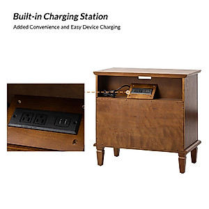HULALA HOME Nightstand with Charging Station, Transitional End Table with USB Ports & Outlets, Fluted Pilasters Design Wood 2 Drawers Side Table with Open Space Dresser for Bedroom,Walnut
