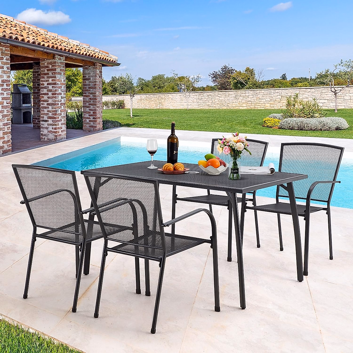 AECOJOY Metal Outdoor Table and Chairs Patio Dining Table Set for 4 Outside 51" Dining Table with Umbrella Hole Rectangle Table and 4 Stackable Chairs, Patio Furniture Set for Garden Backyard Balcony