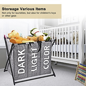 X-cosrack 180L Laundry Hamper 3 Sections Laundry Sorter, Foldable & Collapsible 3 Bin Laundry Hamper with Handles, Waterproof Lining Laundry Organizer for Dirty Clothes & Kid's Puppets, Black, Grey