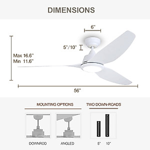 Ovlaim 56 Inch Smart Ceiling Fans with Lights and Remote, 3 Blade Indoor Outdoor Modern White Ceiling Fan for Bedroom Living Room Patio, High CFM Quiet DC Motor