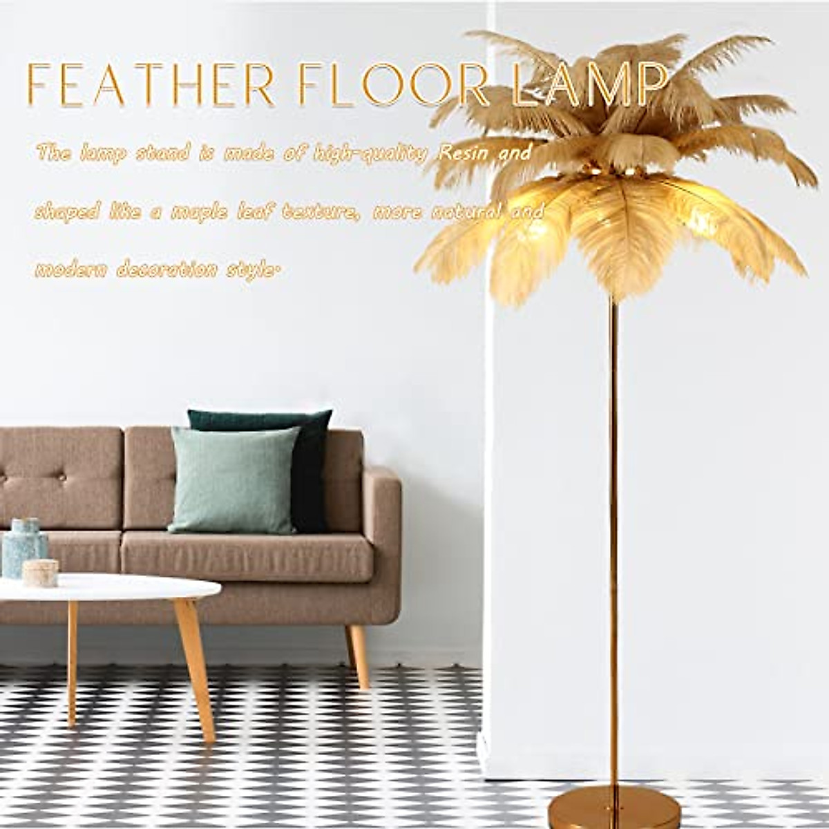 ESTUWD Ostrich Feather Floor Lamp, Dimmable Floor Lamp with Footswitch (Contains Light Sources), Gold Standing Lamp for Bedrooms and Living Room H : 160cm… (Camel)