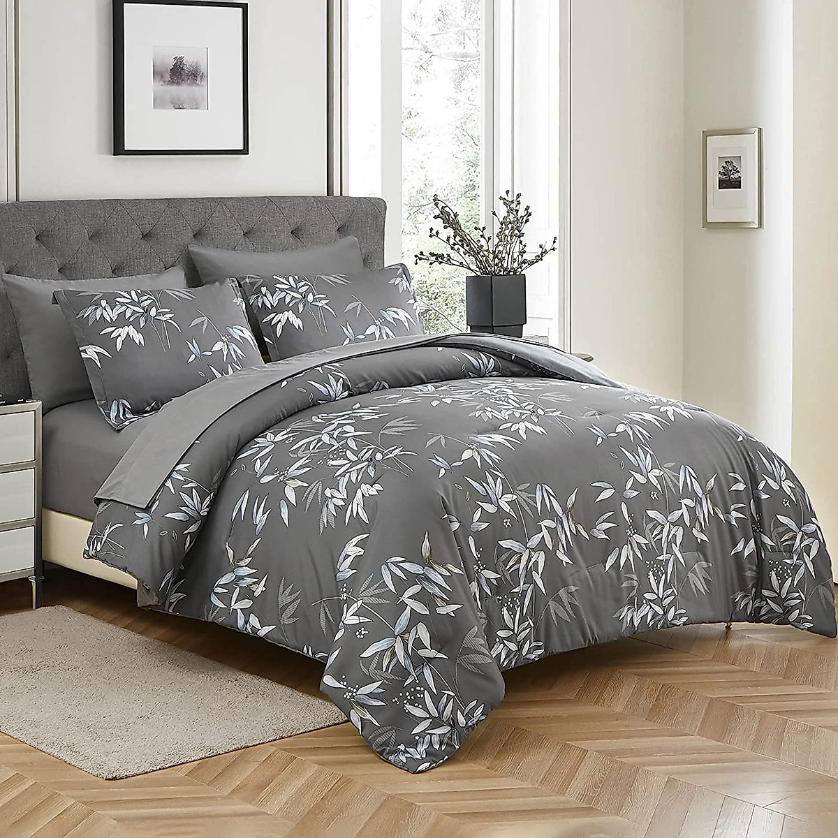 LXWORX Comforter Set King Size - 7 Pieces Bed in a Bag, Bedding Set, Soft Lightweight Grey Comforter Sets with Sheets and Pillows (Grey,King)