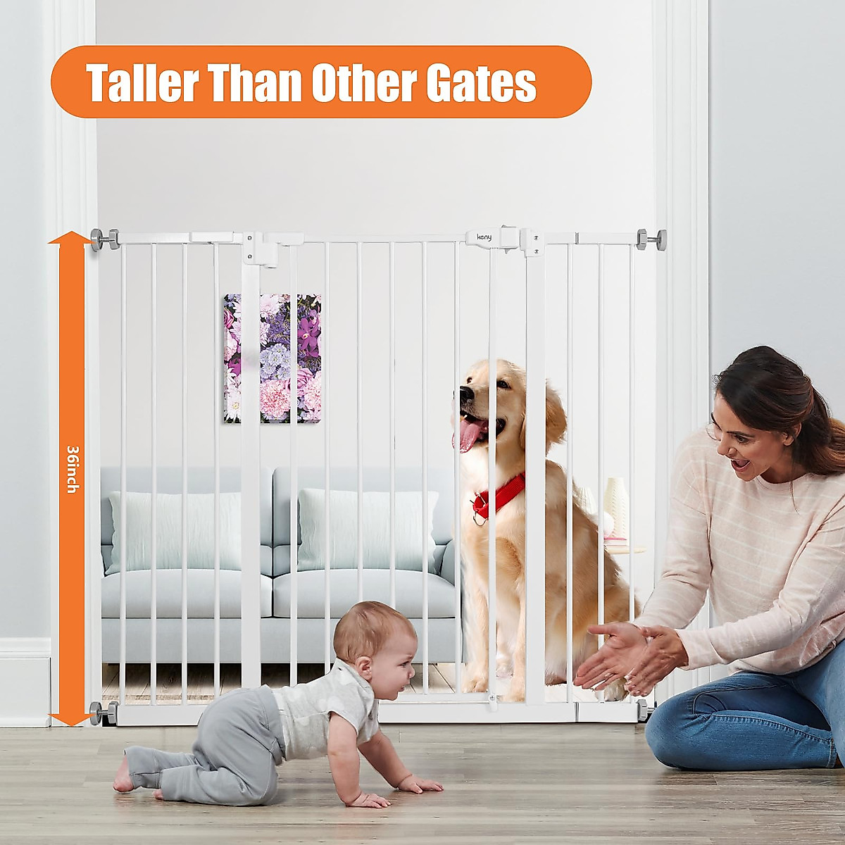 keny 36" Extra Tall Baby Gate for Stairs, 29"-42.5" Wide Auto Close Dog Gate, Pressure Mounted Easy Walk Through Pet Gate for Doorways, Durable Safety Stair Gate, White