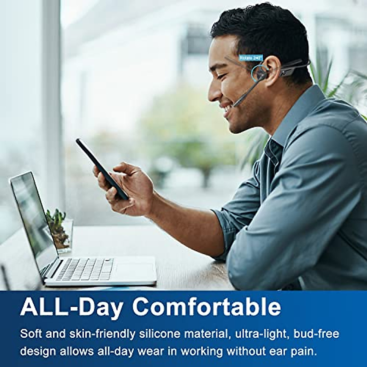 BANIGIPA Bluetooth Headset with Microphone, Open Ear Headphones Wireless Bluetooth Noise Cancelling for Laptop PC Computer Cell Phones, Air Conduction Headphones for Office Meeting Home Working-16 Hrs