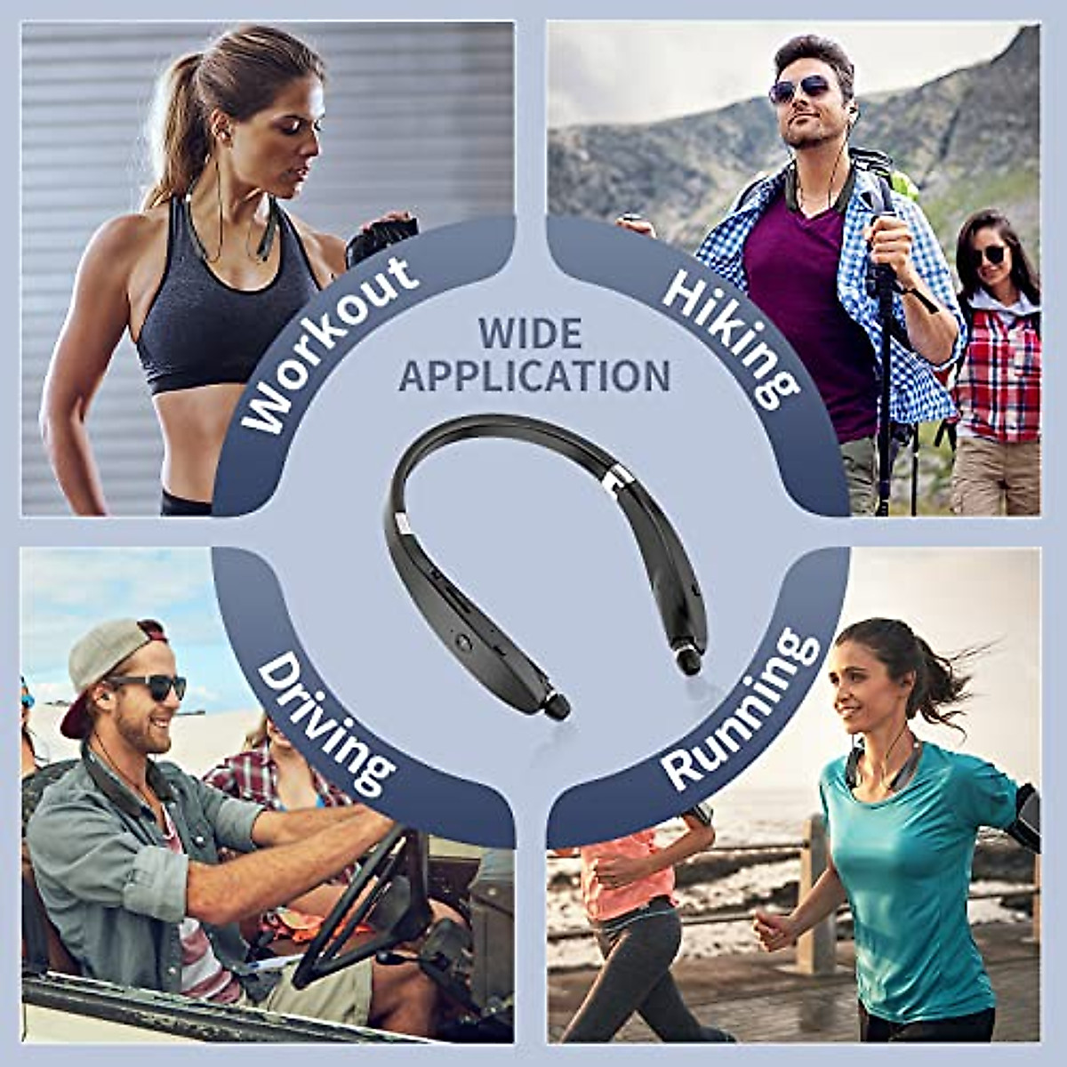 Bluetooth Headset, 2023 Upgraded Foldable Bluetooth Headphones with Retractable Earbuds, Noise Cancelling Stereo Earphones with Mic, Wireless Neckband Headphones for Sports Workout Gym with Carry Case