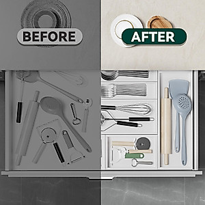 Lixple Utensil Organizer Silverware Drawer Organizer - Set of 2, Stackable Kitchen Organization, Bamboo Storage Box Tray for Kitchen Gadgets Bathroom Countertop (White)