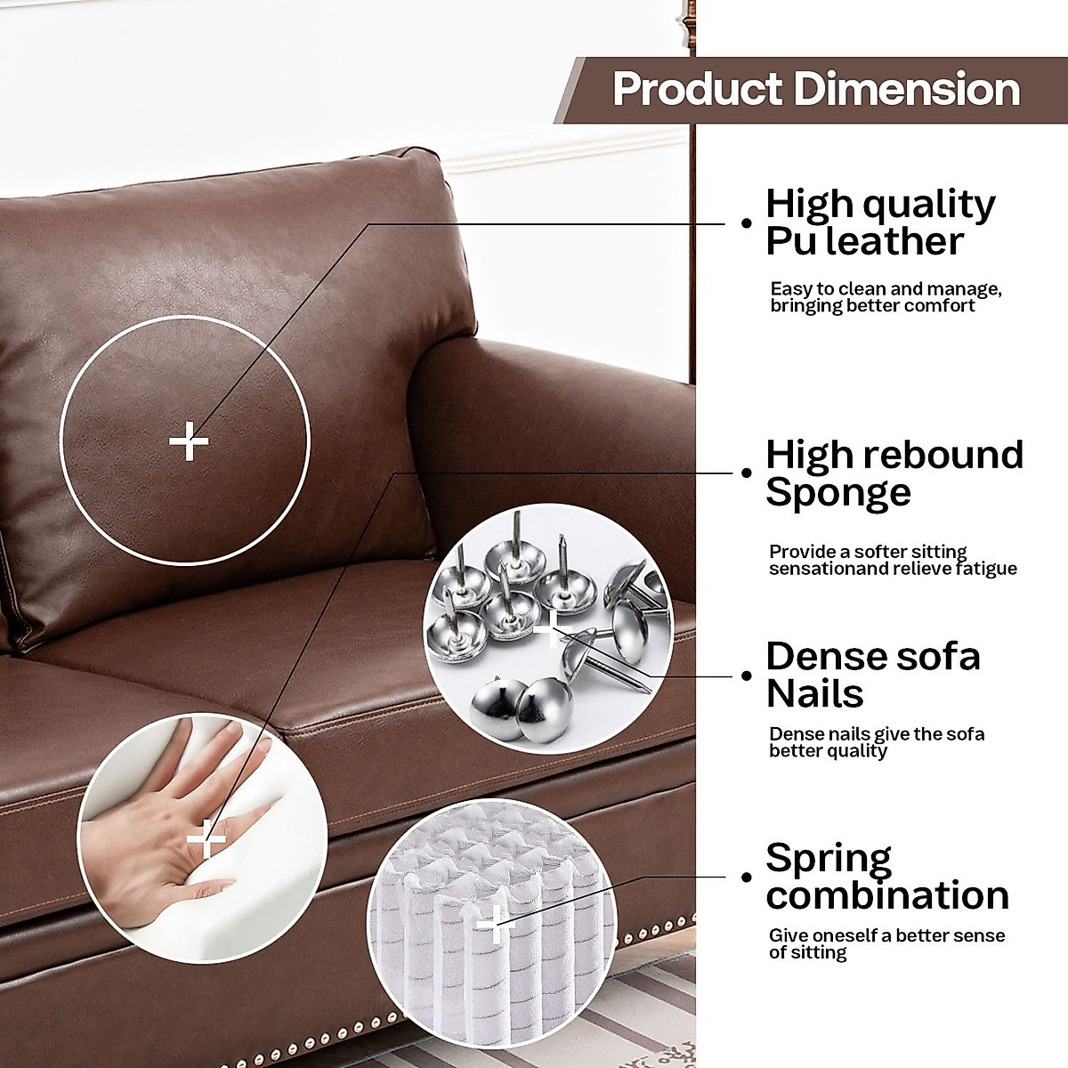 TINGMAMADEHUA Modern Brown Faux Leather Sofa – 3-Seater Couch for Living Room, Comfy Upholstered Design with Tufted Detachable Back Cushions, Traditional Rolled Arms, and Nailhead Trim – Easy Assembly