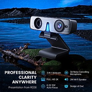 ROCWARE Autofocus Webcam with Microphone Speaker, RC08 2K Web Cam, Computer Camera for PC with Noise Reduction Mic/Harman Speaker/4X Eptz/Privacy Cover/0.2S Auto-Focus/Low Illumination, for Zoom/Teams