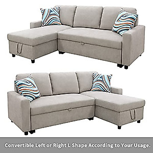 SIENWIEY Sectional Sofa Set, Sleeper Sofa Bed with Storage Chaise for Living Room Modern L-Shape Velvet Pull Out Couch for Small Space(Grey)