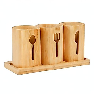 7Penn Standing Utensil Organizer Caddy - 3 Cup Bamboo Countertop Utensil Holder for Party Camping and Kitchen