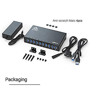 BrovSS: 10 Port Powered USB 3.0 Hub Aluminum - USB Hub Charger - Multiple Port Splitter Hub with 12V 5A 60W Power Adapter with USB Cable for Apple, Laptop, PC, USB Flash Drives, HDD Hard Drive (Black)