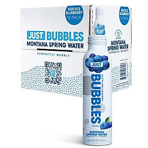 JUST Bubbles Huckleblueberry - Pure Premium Sparkling Spring Water in a Fully Recyclable Reusable Eco-Friendly Bottle - 100% Mountain-Sourced Carbonated Water with Naturally Occurring Minerals, 16 Fl Oz (Pack of 12)