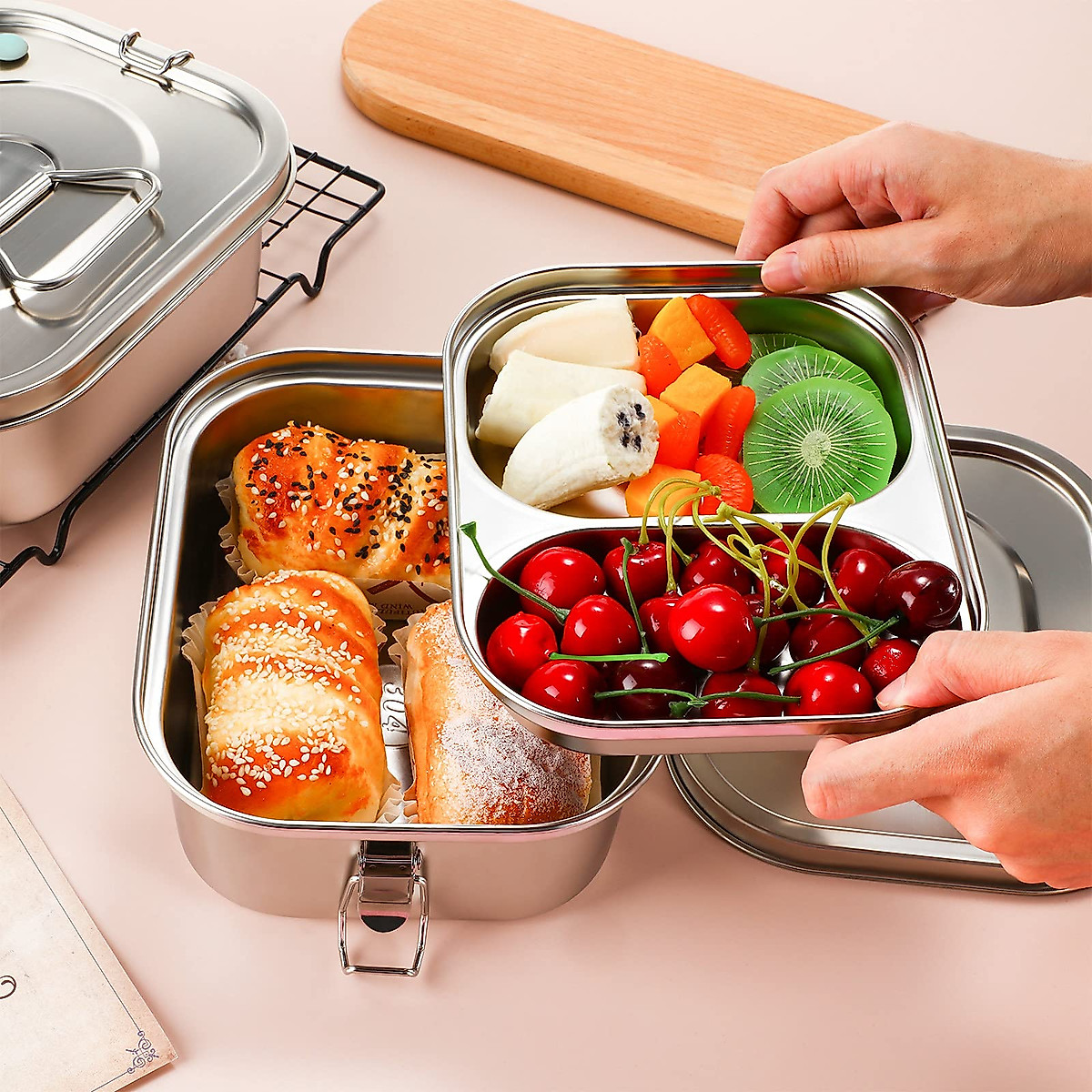 Romooa Stainless Steel Bento Boxes with Airtight Valve and Handle, Set of 2 Leakproof Metal Lunch Containers, 1600ml Capacity, BPA Free, Dishwasher Safe