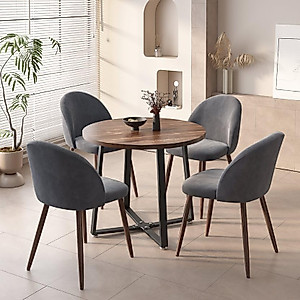 INO Design 5-Pieces Modern 35'' Inch Round Wooden Dining Table Set for 4 Comfortable Velvet Chairs, Space Saving Kitchen Furniture, Small Apartment Coffee Table Set (Grey)