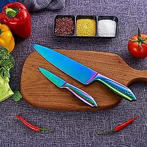 WELLSTAR Chef Knife Set of 2, Razor Sharp German Stainless Steel Blade and Ergonomic Comfortable Handle with Rainbow Titanium Coating, 8” Chef and 3.5” Paring for Kitchen Cutting – Gift Box Pack