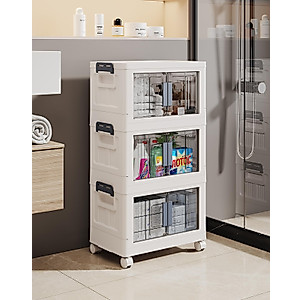 OlarHike 23QT Storage Bins with Lids - Folding Storage box with Doors and Wheels, Collapsible Plastic Storage Bins for Closets, Stackable Storage Organizer, Storage Containers for Closet, 3 Pack Cubes