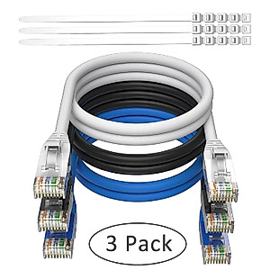 Adoreen Cat 6 Ethernet Cable 2 Ft-3 Pack,High Speed Short Patch Cables Network Cables, Soft Flexible Cat6 RJ45 LAN Internet Cable Cord Faster Than Cat 5e 5 Cable+15 Ties-Black+White+Blue