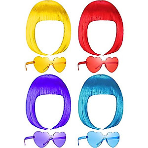 8 Pieces Party Wigs and Sunglass Set, Neon Short Bob Hair Wigs Colorful Cosplay Costume Wig Heart Shaped Sunglasses Rimless Transparent Candy Color Eyewear for Women Girls Neon Party Favors