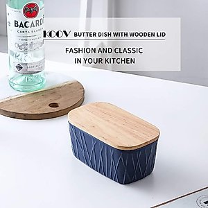 KOOV Porcelain Large Butter Dish with Lid for Countertop, Airtight Butter Container with Oak Lid, Butter Crock, Perfect for 2 Sticks of Butter, Irregular Striped Series (Aegean)