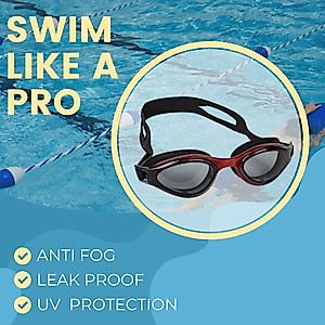 Splaqua Swim Goggles for Men and Women - Adjustable Straps, Silicone Eye Seal, UV Protection and Anti Fog Lenses Swimming Goggle - Red and Black