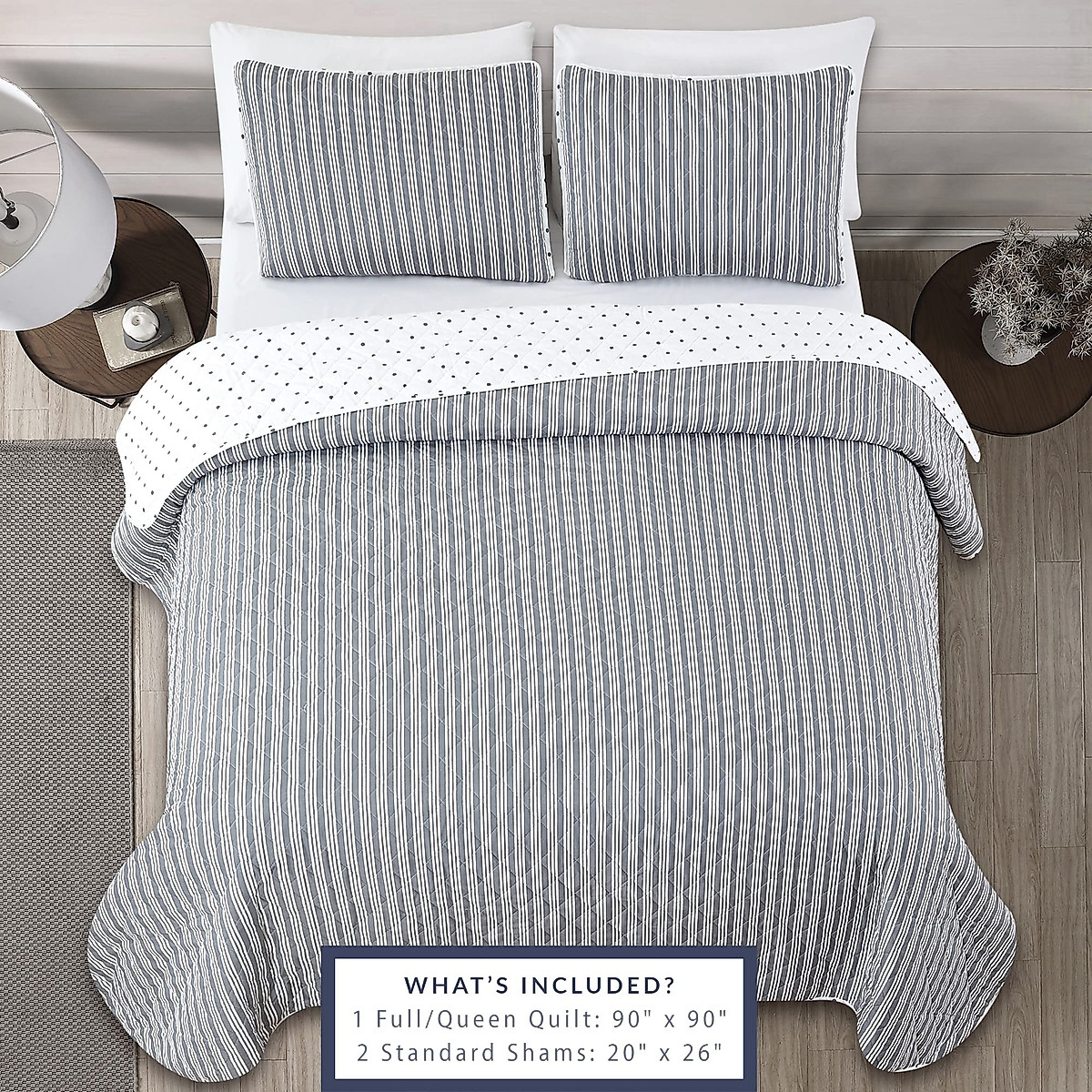 Market & Place 3 Piece Reversible Quilt Set with Shams | All-Season Soft & Lightweight Bedspread with Modern Striped Pattern | Nora Collection (Full/Queen, White/Grey)