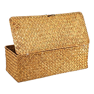 Hipiwe Seagrass Storage Basket Bin with Lid Rectangular Woven Shelf Baskets with 3-Section Toilet Paper Basket Holder for Closets Pantry Bathroom Kitchen Shelf Organizing, Caramel