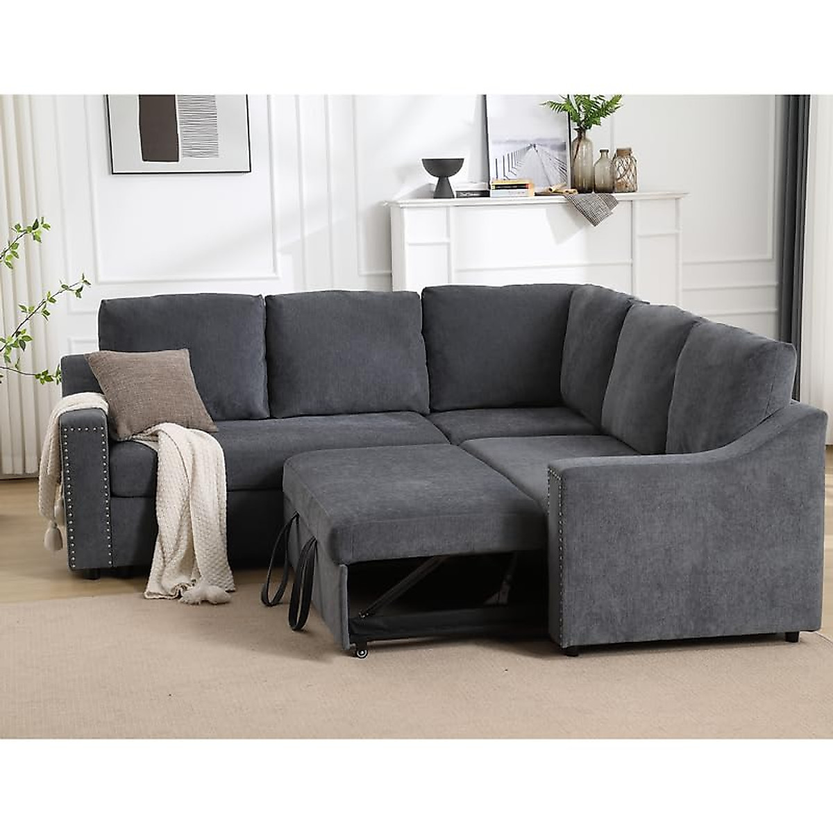 Couches for Living Room, Convertible Sectional Sofa Couch L Shaped Couch with Pull Out Sofa Bed & Square Handrail, Built-in Nailheads Trim, 5-seat Modular Sectional Sofa for Small Spaces, Grey