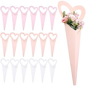 Teling 18 Pcs Single Flower Sleeve Love Heart Floral Bouquet Bags Paper Flower Wrapping Box Waterproof Packaging Bag with Ribbons for Flower Florist Gift, Pink, Rose Gold, White, 7.1 x 18 Inch