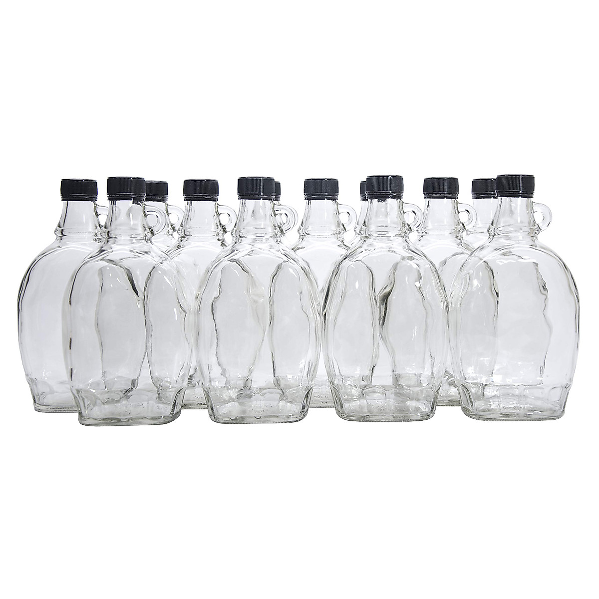 North Mountain Supply 16.9 Ounce (500ml) Glass Maple Syrup Bottles with Loop Handle & Black Plastic Tamper Evident Lids - Case of 12