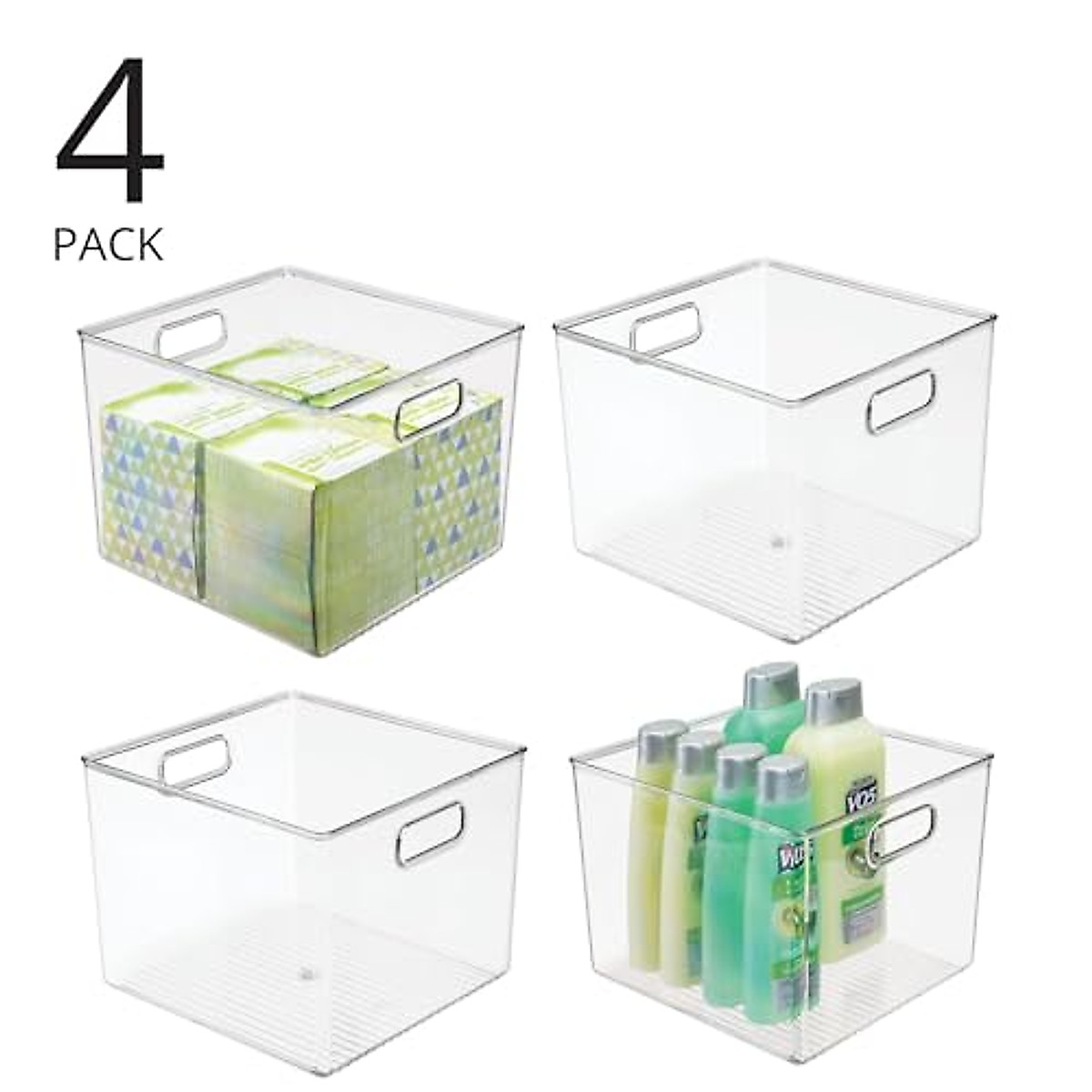 mDesign Plastic Modern Storage Organizer Bin Basket with Handles for Bathroom Organization - Shelf, Cubby, Cabinet, Vanity, and Closet Organizing Decor - Ligne Collection - 4 Pack - Clear