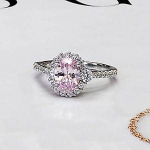 Platinum Plated Sterling Silver Ring 1.2 CT Oval Super Light Pink CZ Stone Halo Ladies Cocktail Ring (Size 5 to 9), 7