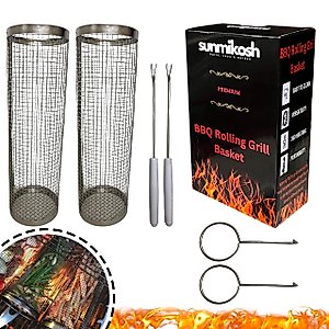 Sunmikosh Rolling Grilling Basket - Barbecue Portable Roll Grill Basket for Outdoor Camping - Stainless Steel BBQ Net Tube Grill Basket, Suitable For Fish, Kabob, Meat, Vegetables, French Fries