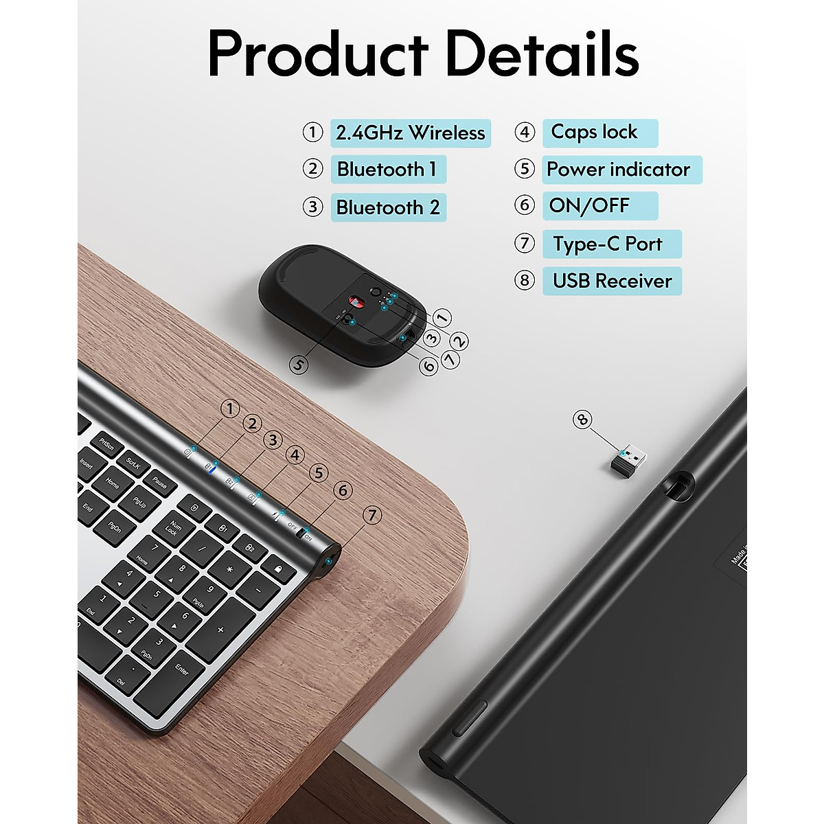 Wireless Keyboard and Mouse Combo, CHESONA Bluetooth Rechargeable Full Size Mulit-Device (Bluetooth 5.0+3.0+2.4G) Wireless Keyboard Mouse Combo for Mac OS/iOS/Windows/Android (Silver Black)