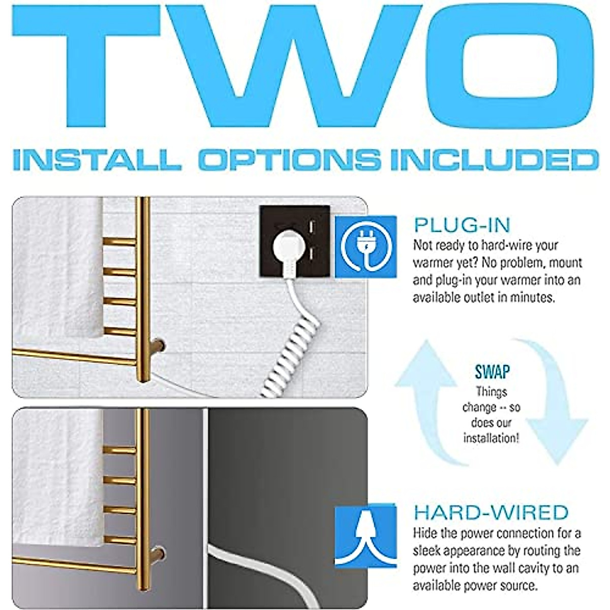 BILLY'S HOME Wall-Mounted Towel Warmer, Luxury Electric Heated Towel Drying Rack with 14 Bars, 43.3 × 20.5 × 4.9 inch, 304 Stainless Steel Gold for Bathroom (HARDWIRING)