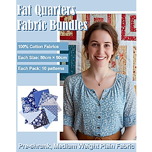 100% Cotton Quilting Fabric Bundle, 10Pcs Fat Quarters Fabric Bundles 50cm x 50cm, Pre-Shrunk, Medium Weight Plain Quilting Fabric Squares for Quilts, Sewing, Patchwork, DIY, Craft (Blue)