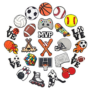 JunxinGYL 25Pcs Shoe Charms for Boys Shoe Decorations Football Basketball Baseball with Buttons for Clog Sandals Birthday Party Gift