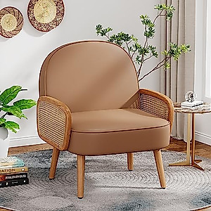 Aklaus Mid Century Modern Accent Chair Armchair with Rattan Arms Upholstered Rattan Boho Accent Chair for Living Room Bedroom Balcony Faux Leather Reading Chairs Side Club Chair Brown